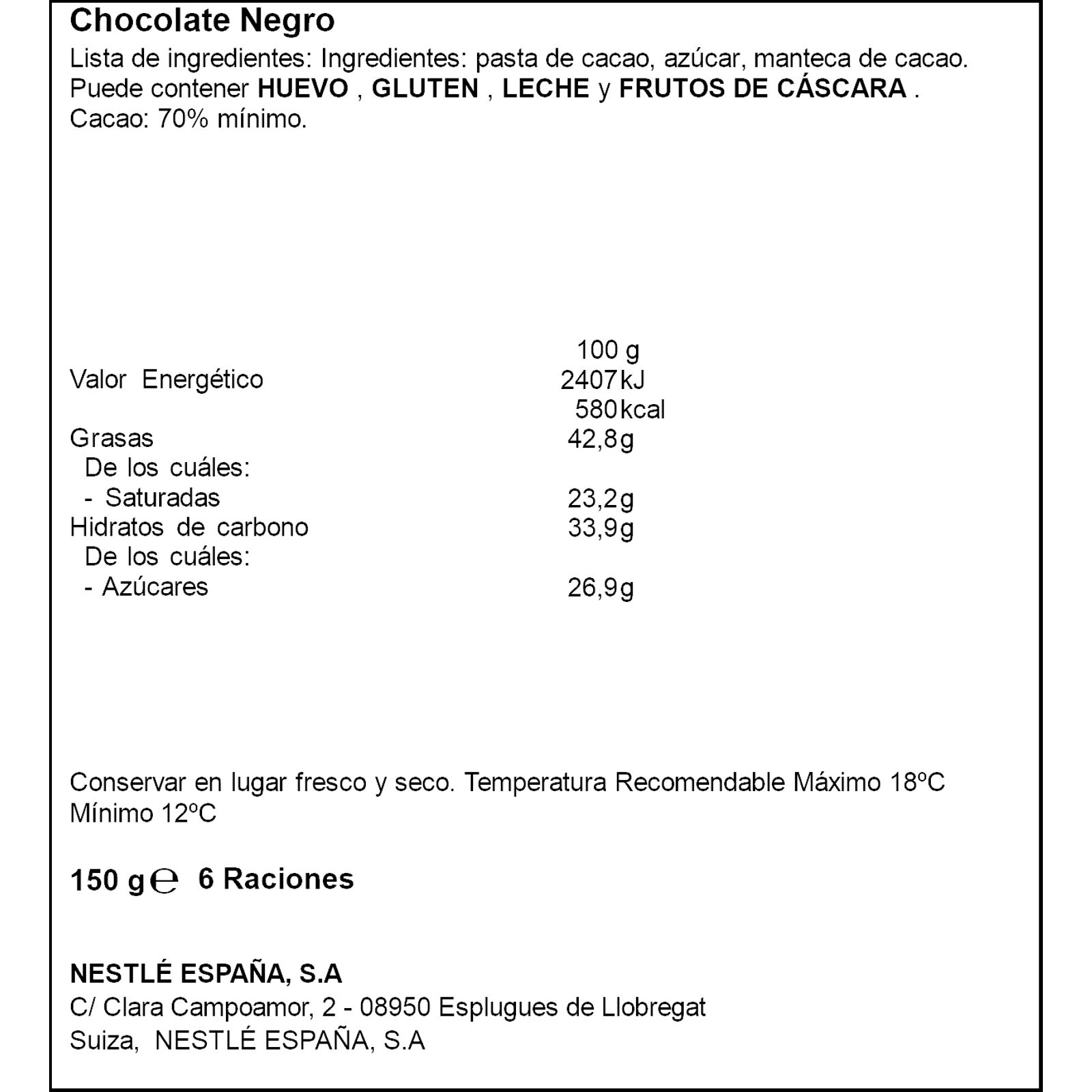 Chocolate Negro 70% Tableta 150G | La tienda Online de Hiperber